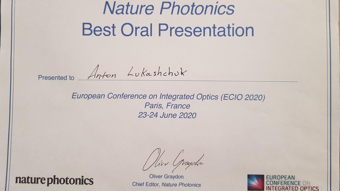 Anton Lukashchuk was awarded Best Oral Presentation prize at ECIO - EPFL
